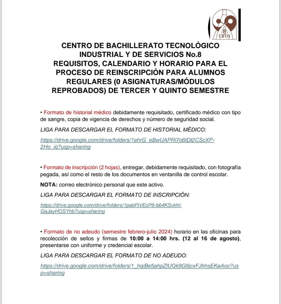 PROCESO DE REINSCRIPCIÓN PARA ALUMNOS REGULARES EN EL CBTIS 8